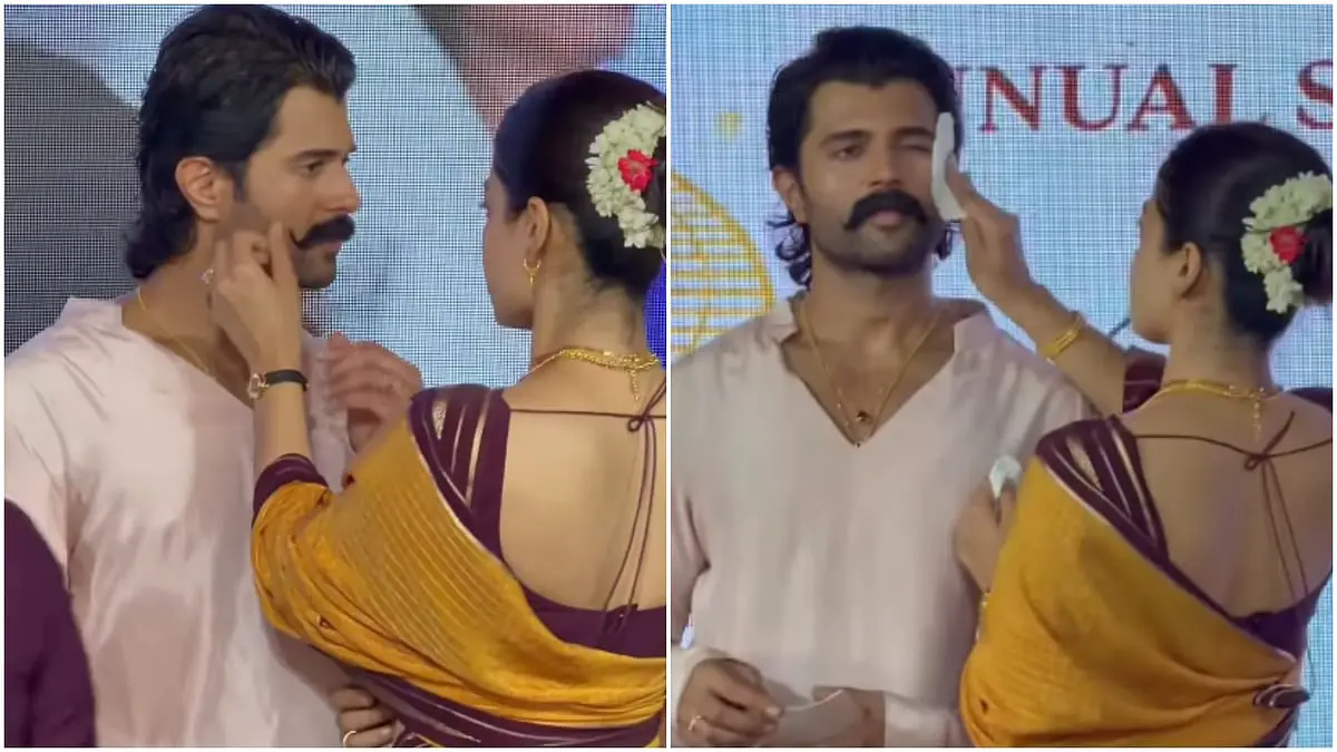 Watch | Rashmika Mandanna fixes Vijay Deverakonda's moustache, wipes ...