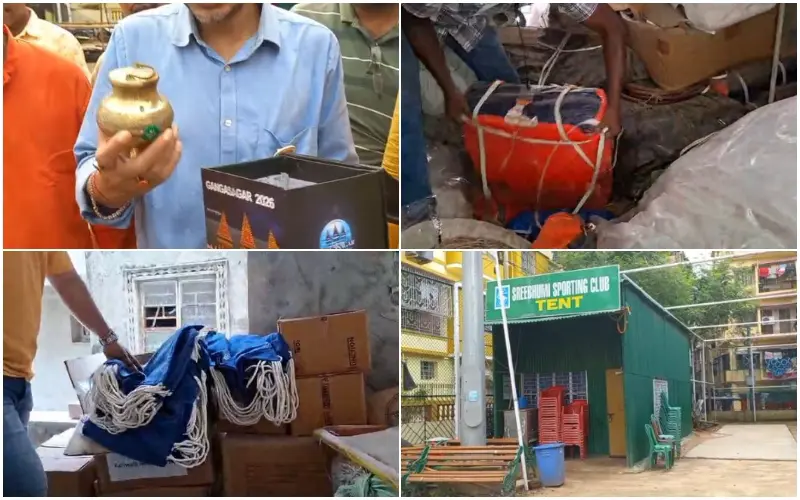 শ্রীভূমি স্পোর্টিং ক্লাবের খেলার মাঠের ঘরে ত্রাণের পাহাড়, উদ্ধার কম্বল ...