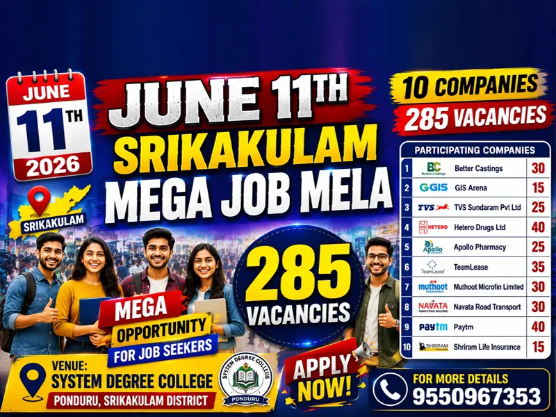 Mega Job Mela in Srikakulam District on June 11, 2026 - 285 Vacancies ...