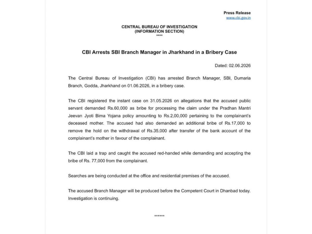 Godda Bribery Case: SBI Manager Nabbed by CBI During Trap Operation ...